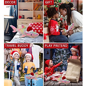 DolliBu Santa Large Rainbow Shark Stuffed Animal Plush Toy - Wild Animal Dress Up with Red Santa Claus Hat, Cute Wildlife Gift, Perfect Holiday with Name Personalization - 23 Inches