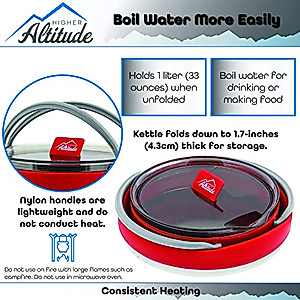 Higher Altitude Collapsible Travel Kettle Pot with Lid - 1L Red Portable Water Boiler Tea Maker for Camping Gas Stove