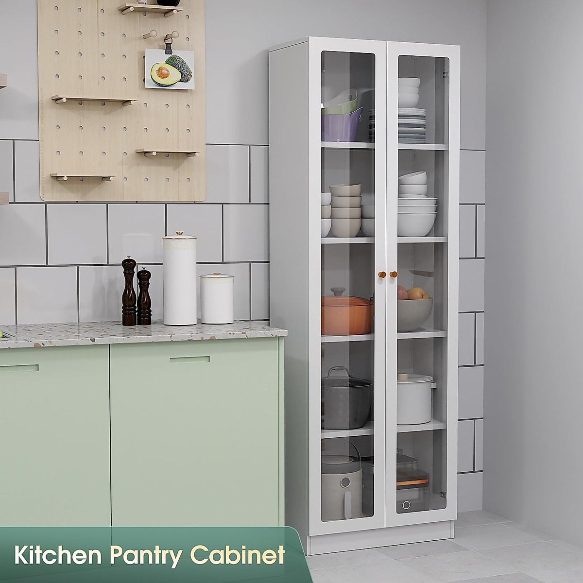 IRONMIX Modern Display Cabinet with Doors, Metal Curio Display Cabinet with Adjustable Shelves, 70.87" H Display Case, White Book Shelf with Storage for Home Office Living Room