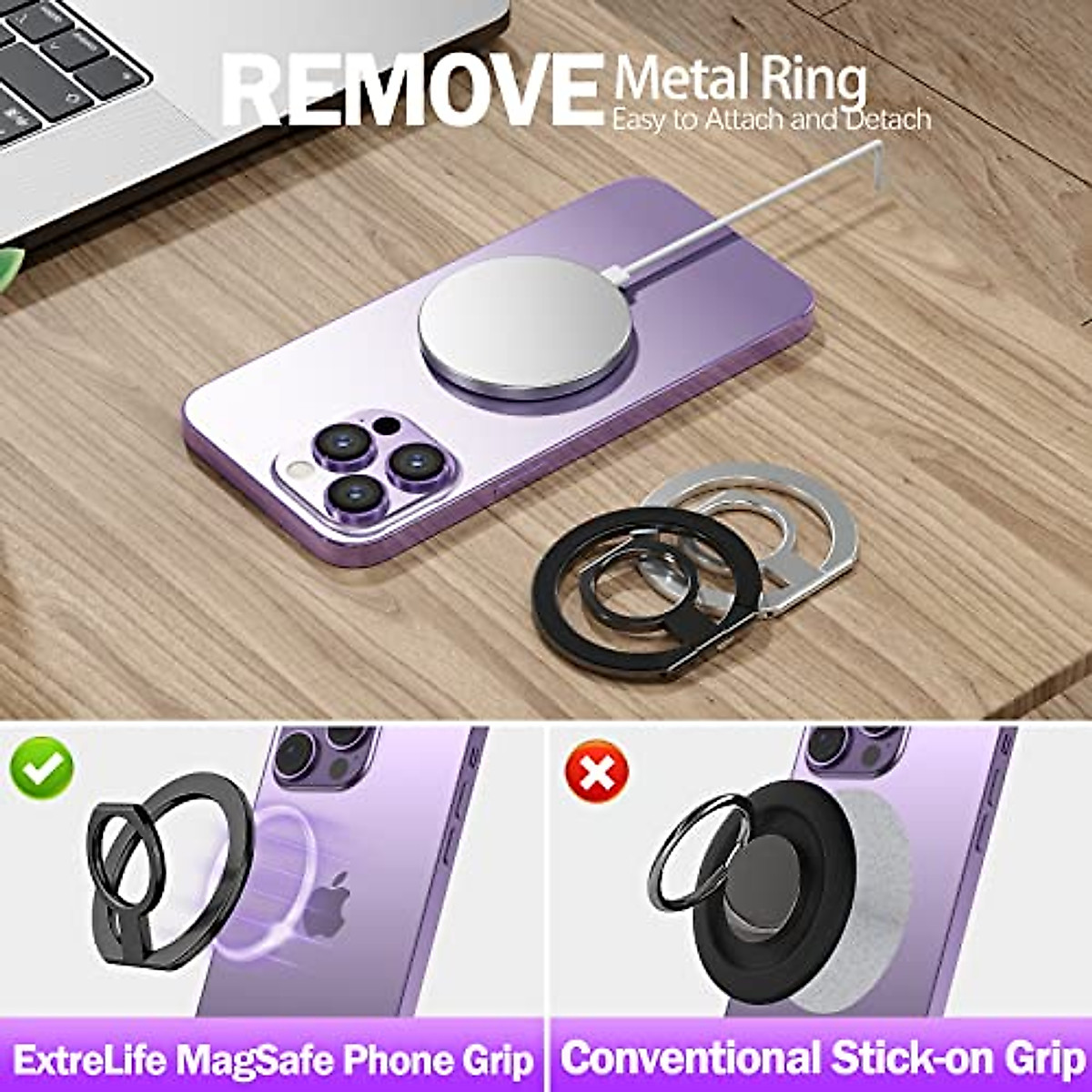 MagSafe Phone Grip, MagSafe Ring Holder Adjustable Kickstand Removable Magnetic Grip Compatible with Wireless Charging Only for iPhone 14 & 13 & 12 Series (Black)