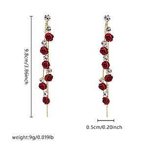 Just Follow 3D Rose Flower Crystal Long Tassel Drop Earrings for Women CZ Rhinestone Rose Fashion Purple Red Long Tassel Dangle Earrings Weddings Party Jewelry Accessories Gift (3D Rose Flower Crystal Tassel Earrings-Red)