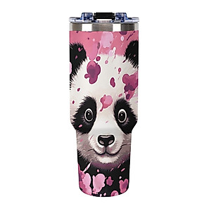 NVBSKKDH Pink Panda Cotton 40 Oz Stainless Steel Tumbler with Handle & Straw Double-Walled Vacuum Insulated Travel Mug for Hot/Cold Drinks, Reusable Thermal Cup for Car Cup Holder