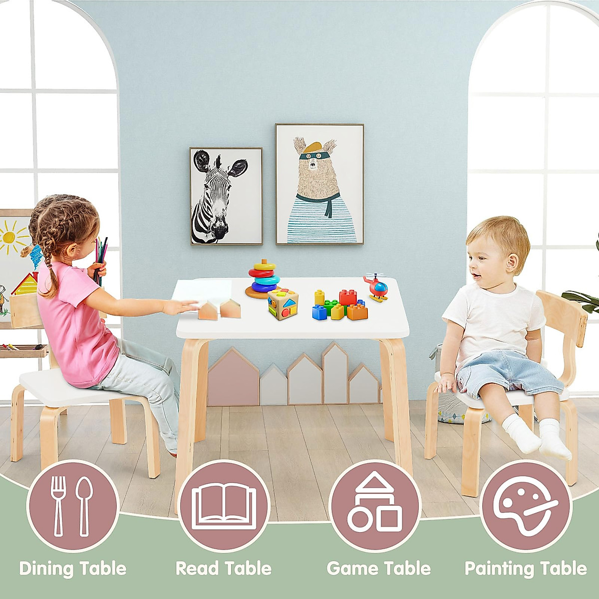 Danrelax Kids Table and Chairs Set - Children Activity Table w/ 2 Chairs, Kids Desk and Chair Set with Durable Birch Veneer, Playroom Daycare Furniture for Drawing, Reading, White Solid Wood