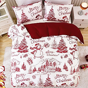 Drucon Christmas Duvet Cover Set Queen Size 3 Pieces Soft Microfiber Breathable Bedding Set Red Christmas Snowman Pattern Duvet Cover with 2 Pillowcases