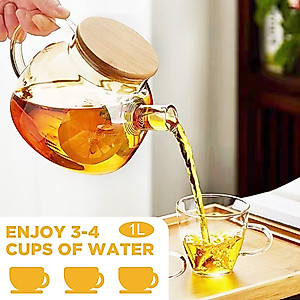 SITIEPA Glass Tea Pot Kettles Stovetop Safe, 33.8oz/1000ml Heatproof Borosilicate Glass Teapot Water Pitcher With Bamboo Lid and Removable Filter Spout for Loose Leaf and Blooming Tea