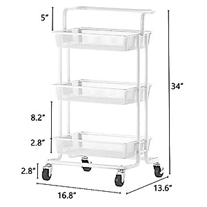 PUSDON 3-Tier Rolling Utility Cart, Metal Mesh Trolley Service Cart with Locking Wheels and Removable Handles, Heavy Duty Organizer Storage Cart for Office Bar Kitchen Bathroom Living Room Use, White