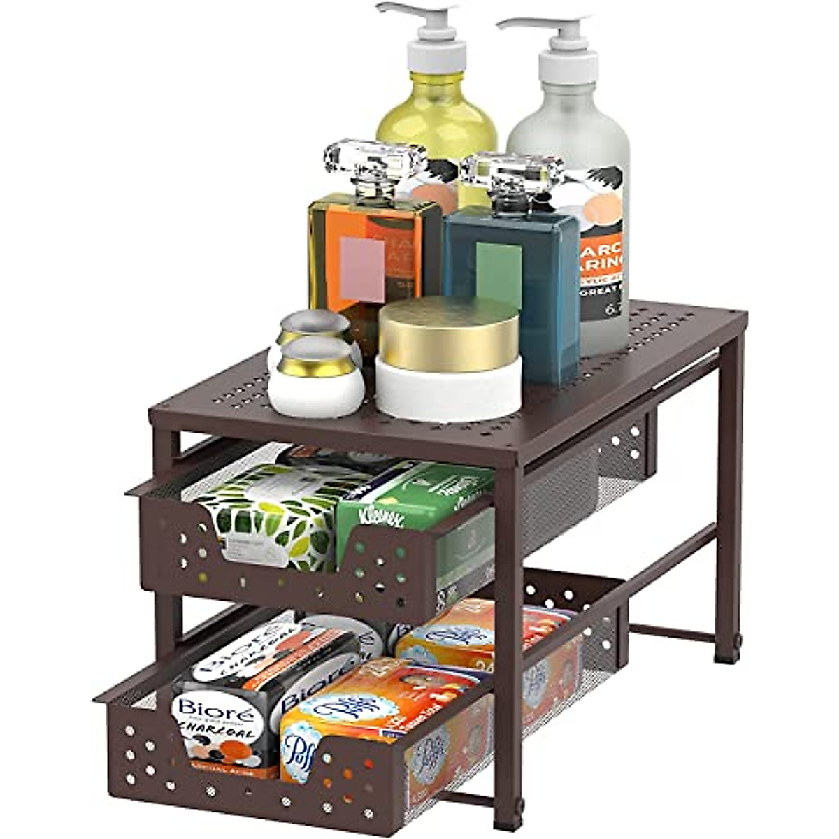 Simple Trending 2-Tier Under Sink Cabinet Organizer with Sliding Storage Drawer, Desktop Organizer for Kitchen Bathroom Office, Stackbale, Bronze