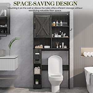 RoyalCraft Over The Toilet Storage Cabinet, Farmhouse Storage Cabinet Over Toilet with Sliding Barn Door, Home Space-Saving Toilet Rack, Behind Toilet Bathroom Organizer for Bathroom, Dark Grey
