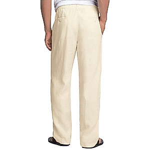 COOFANDY Men's Casual Linen Pants Cotton Elastic Waist Drawstring Trousers Light Khaki, Straight