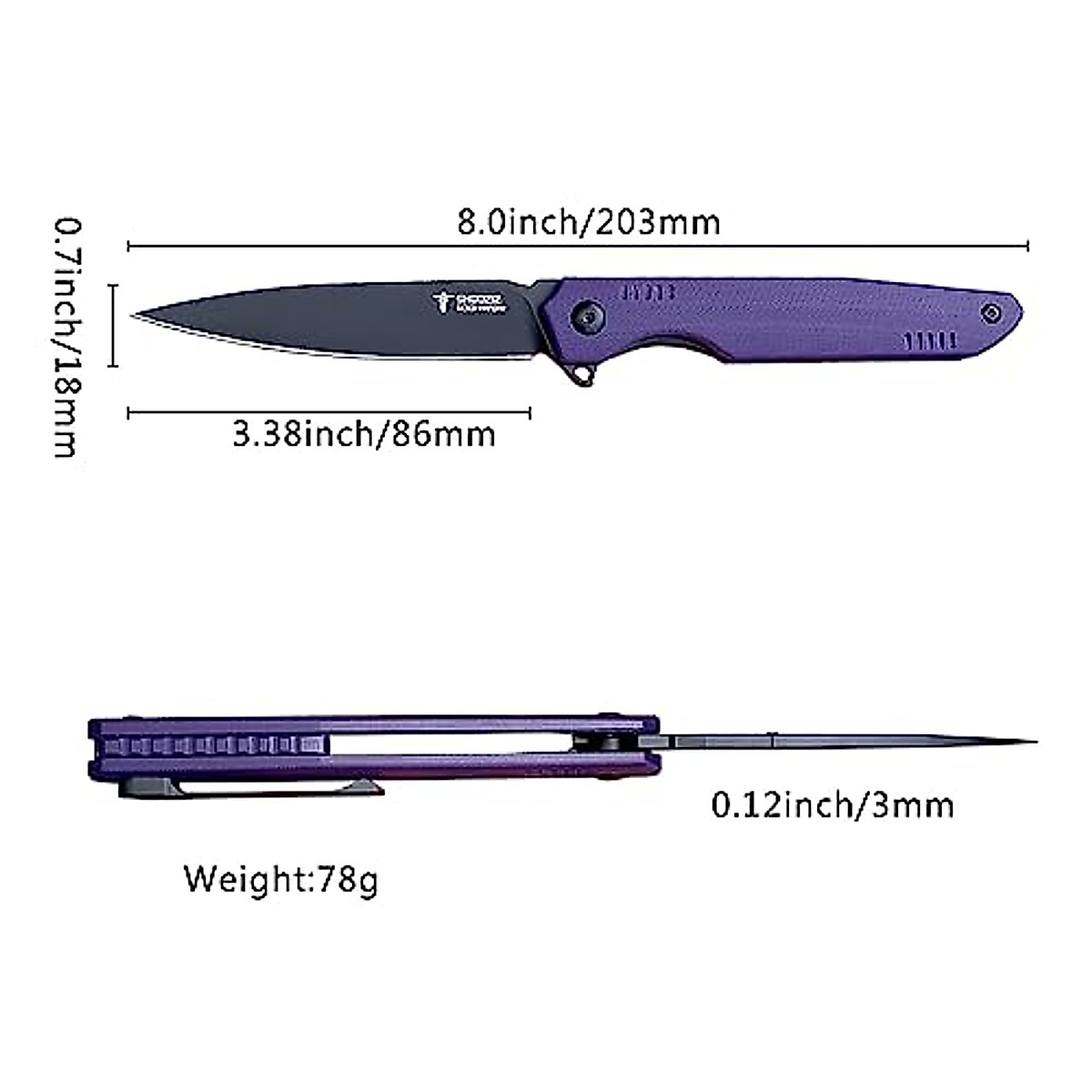 SHOOZIZ HAN312 Pocket Knife Folding Knife for EDC, 3.38" DC53 Steel Blade G10 Handle Folding knife With titanium alloy clip Ceramic ball bearing locating ball Everyday Carry Knife for Men Women (Purple+Black Blade)