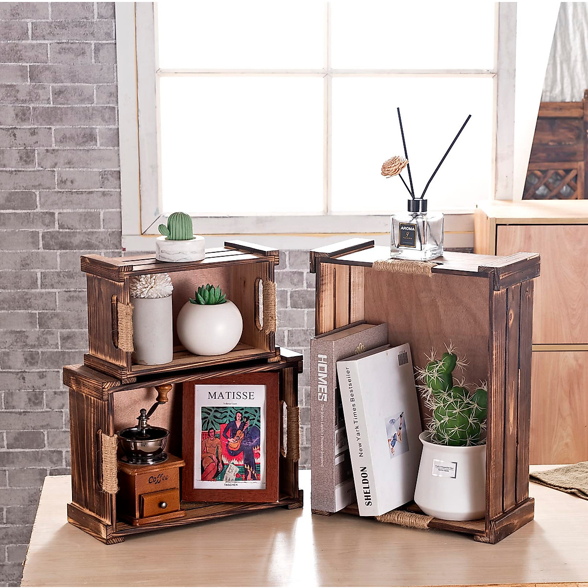 TIMRIS Set of 3 Rustic Wood Nesting Crates, Farmhouse Wooden Storage Container Boxes with Cutout Handles, Decorative Wooden Baskets for Display (Rustic Brown)