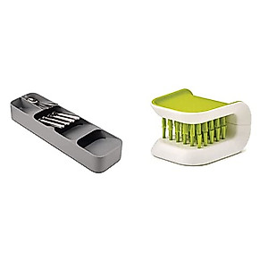 Joseph Joseph DrawerStore Compact Cutlery Organizer Kitchen Drawer Tray, Small, Gray & BladeBrush Knife and Cutlery Cleaner Brush Bristle Scrub Kitchen Washing Non-Slip, One Size, Green