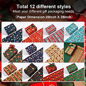 DIYCICO 12 Sheets Christmas Wrapping Paper Holiday Woodland Gift Scene with Christmas Tree, Snowflakes, Red Truck, Santa Claus, snowman, 28 x 20 Inch, Heavy Thicker Folded Flat Paper (Not Rolled)