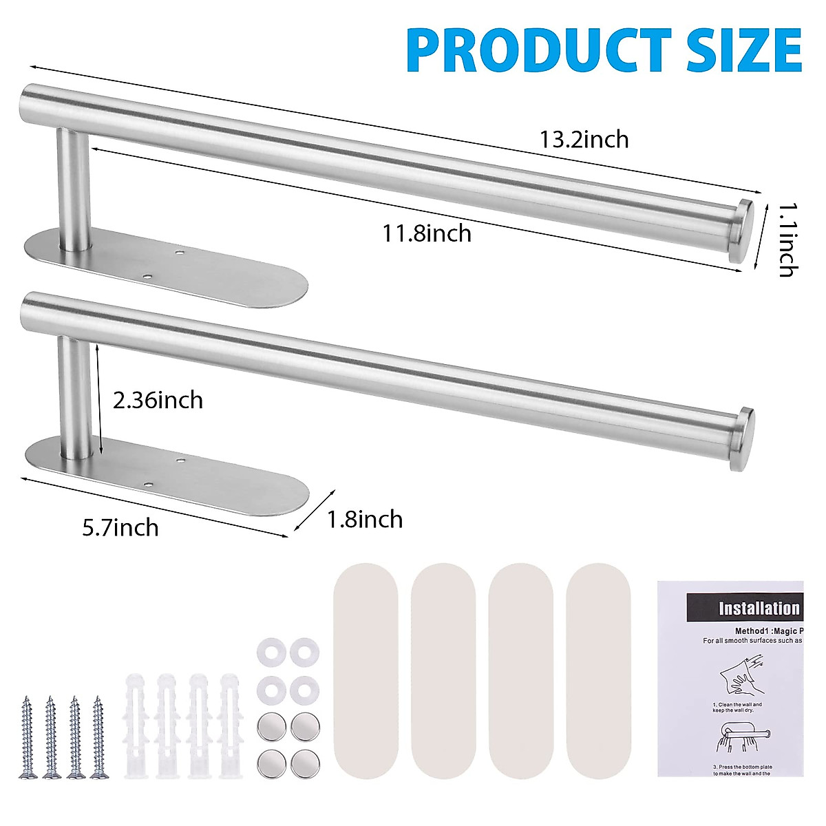 Paper Towel Holder Under Cabinet,Kitchen Wall Mount Stainless Steel Paper Towel Holder, Self-Adhesive or Screw Mount, for Kitchen and Bathroom.Silver 2pack