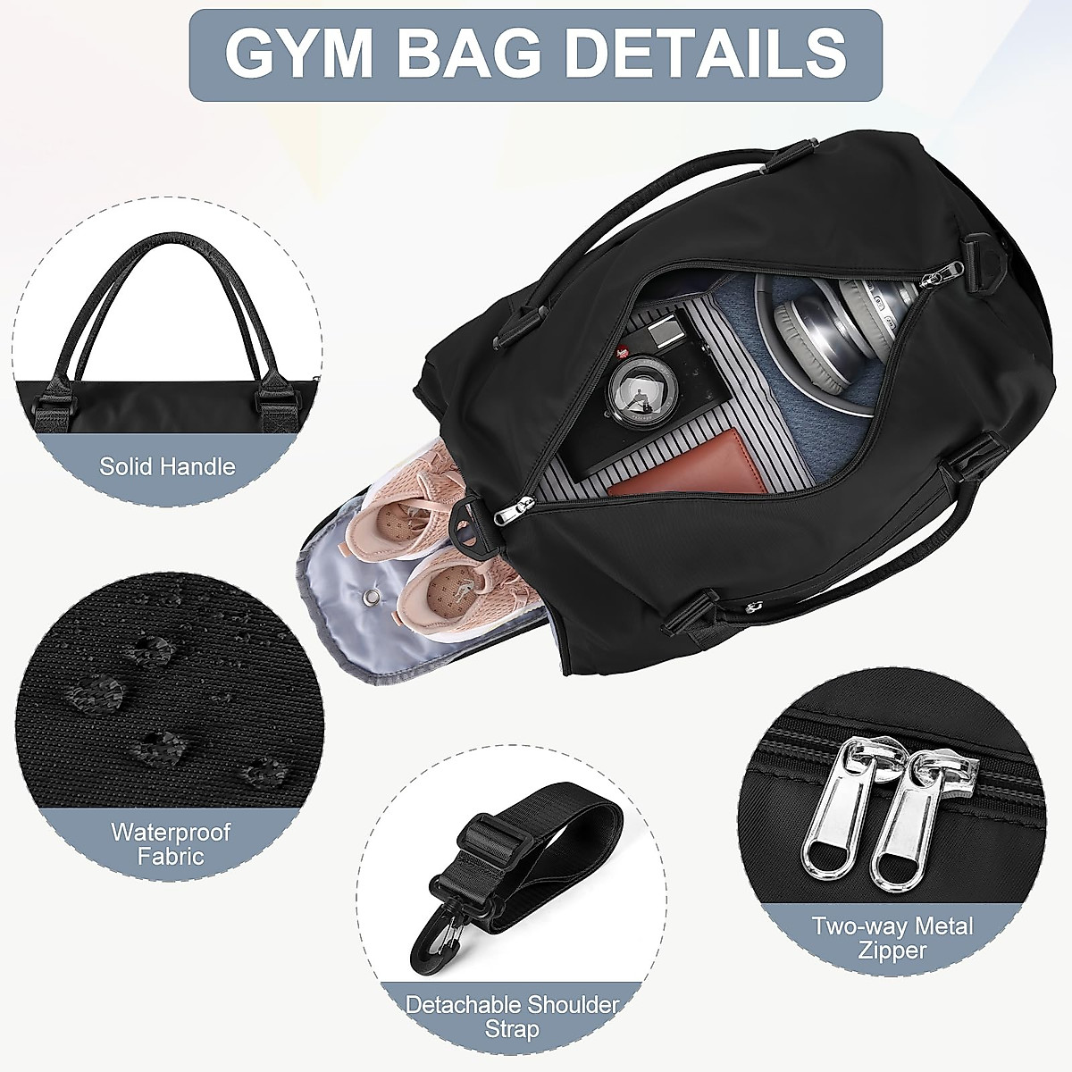 Gym Bag for Women Men with Shoes Compartment Sports Duffle Bag Personal item travel Duffel Bags Tote Bag Small Carry on Weekender Overnight Bag Workout Dance Bag Hospital Holdalls Black
