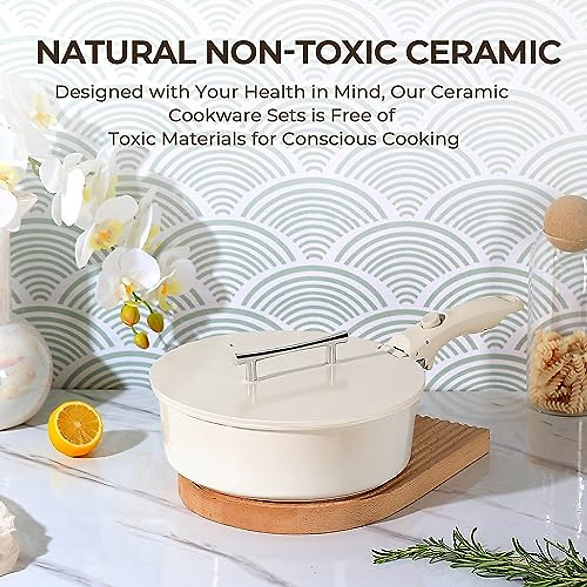 Pots and Pans Set with Removable Handle - 12 Pcs Nonstick Ceramic Cookware Set with Lids, Non Toxic Cookware Set, RV Cookware Set,Camping Cookingset, PTFE & PFOA Free,Oven Safe,Space Saving-Cream