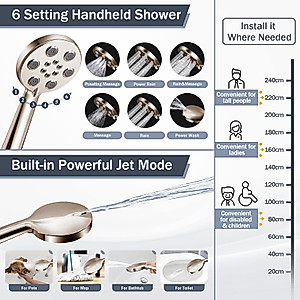 Shower Head Brushed Nickel, 10" High Pressure Rain Shower Head and 6 Spray Settings Handheld Shower Head Combo, Built-in Power Wash, with 11’’ Extension Arm/60" Hose, Height/Angle Adjustable