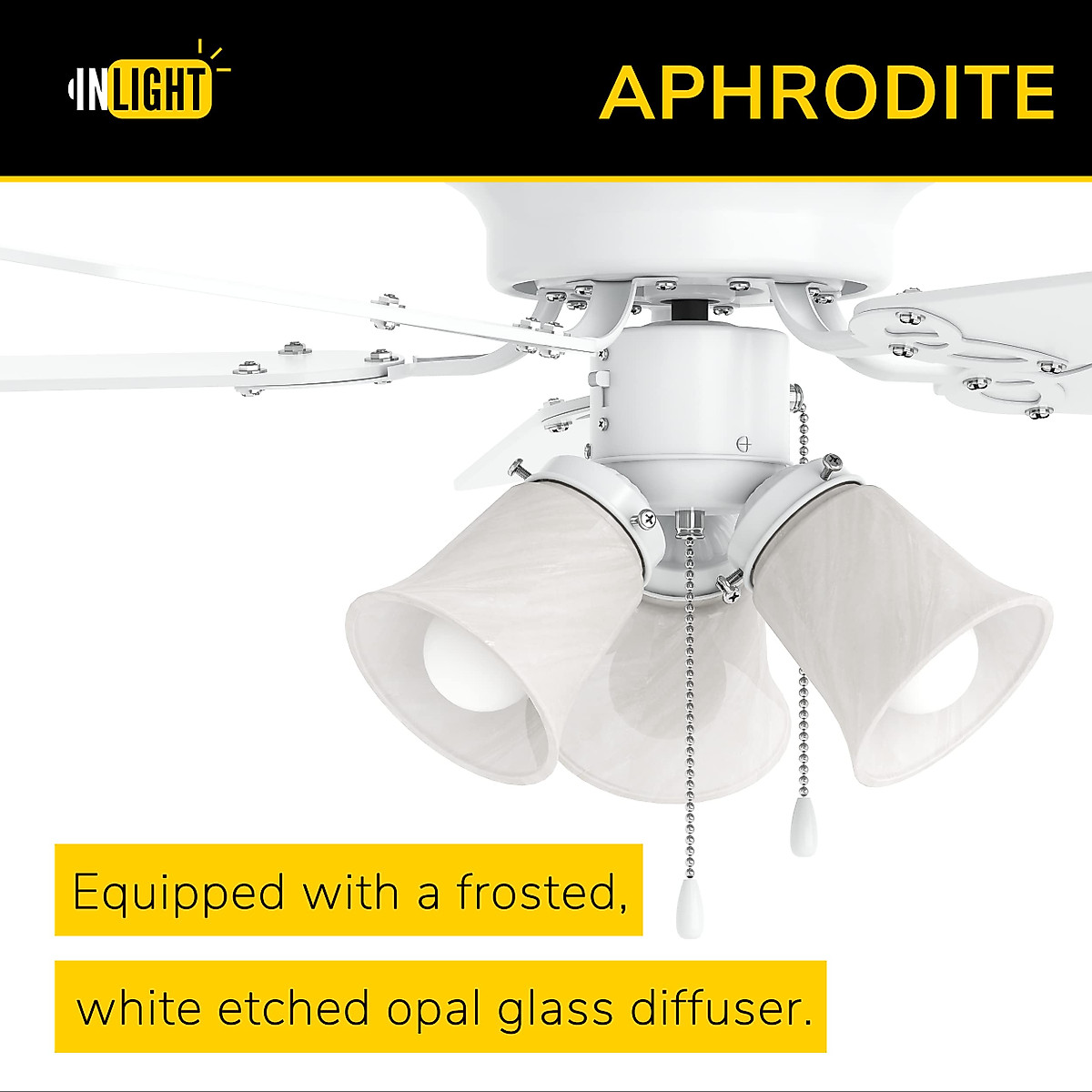 Inlight 42" Classic Flush Mount Ceiling Fan with Pull Chain and 3 Lights, 5 Wood Blades and 3 Speed Reversible Motor, Hugger Ceiling Fan for Small Rooms or Low Ceilings, White Finish, IN-0704-1-WH