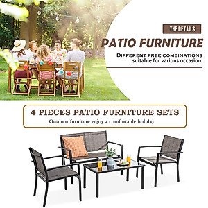 Vongrasig 4 Pieces Patio Furniture Sets, Small Modern Metal Textilene Outdoor Furniture Conversation Sets, Lawn Garden Porch Balcony Mesh Bistro Set Backyard Patio Set w/Loveseat&Glass Table (Taupe)