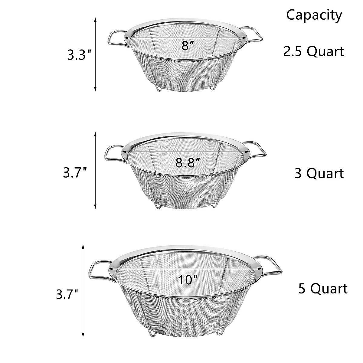 Dicunoy Set of 3 Strainers and Colanders, Stainless Steel Mesh Strainer Basket with Handle, Stackable Mesh Footed Colander for Rinse Food, Fruit, Vegetable, Strain, Drain (2.5/3/5 Quart)