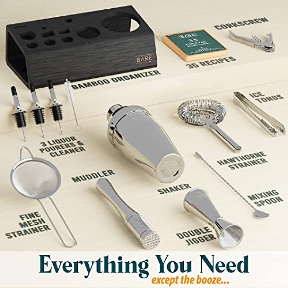 Deluxe Mixology Bartender Kit Bar Set | 14-Piece Martini Cocktail Shaker Set | Professional Barware Mixing Tools for Home Bartending | Bamboo Stand Recipe Cards | Gift Set for Him & Her (Silver Black)