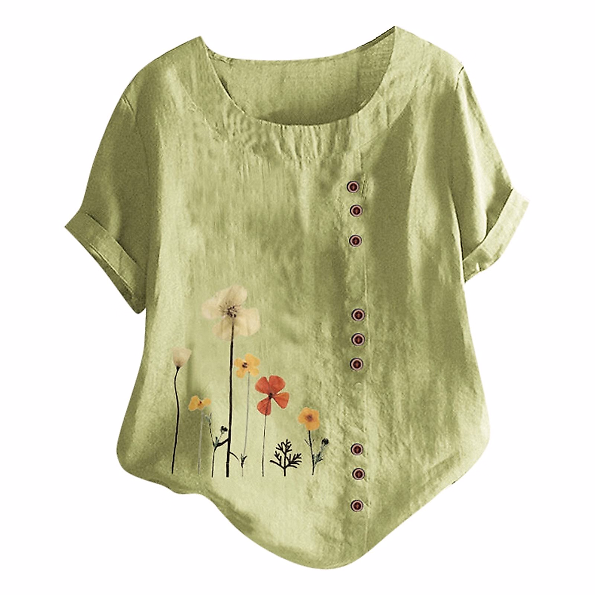 Bravetoshop Women's Short Sleeve Cotton Linen Floral Graphic Tee Tops Casual Summer T Shirts Comfy Plus Size Blouse (Green,L)