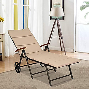 Tangkula Foldable Outdoor Chaise, Wicker Lounger Chair with Aluminum Frame, with Wheels for Easy Moving, 7-Position Adjustable Cushioned Rattan Chaise, Suitable for Poolside, Garden, Balcony and Patio