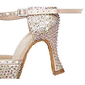 Minishion Women's Ankle Strap Beading Nude Satin Ballroom Dance Shoes Evening Sandals US 4