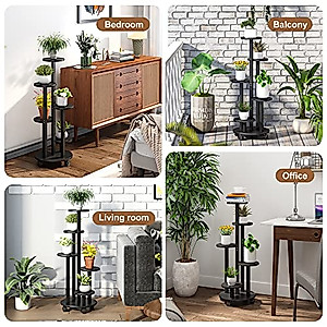 FILWH 5 Tier Plant Stand For Outdoor Indoor Tall Bamboo Movable Flower Stand With Wheels Plant Shelf Pot Holder Plants Corner Display Rack Multiple Planter for Living Room Balcony Garden Patio(Black)