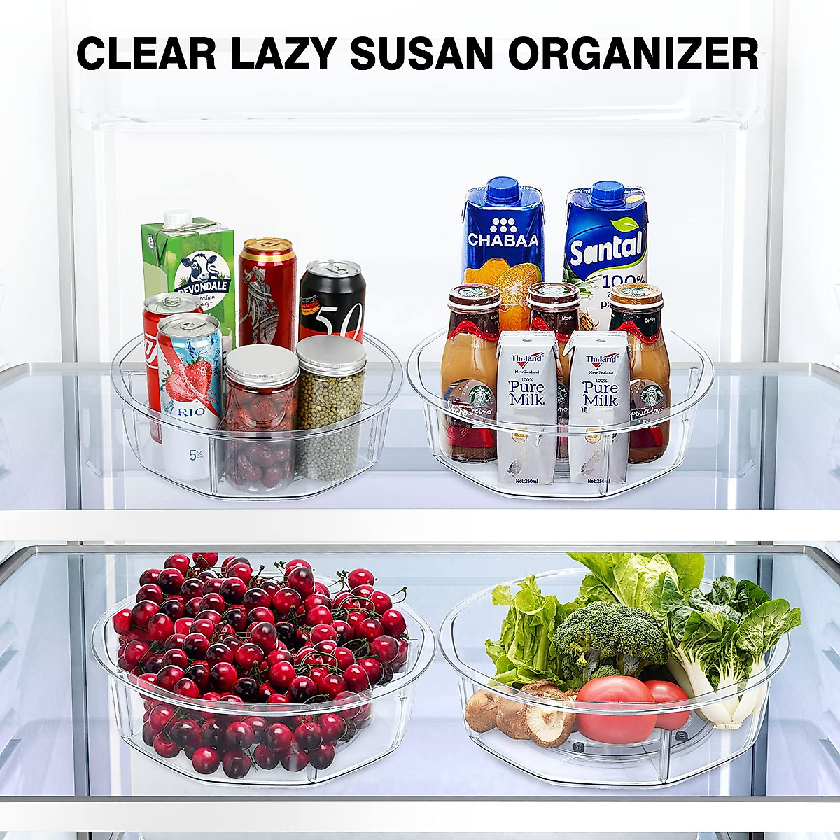 Lazy Susan Round Plastic Clear Rotating Turntable Organizer with Removable Dividers, Storage Container for Cabinet, Pantry, Kitchen, Fridge, Shelf, Vanity, Countertop 11.7"