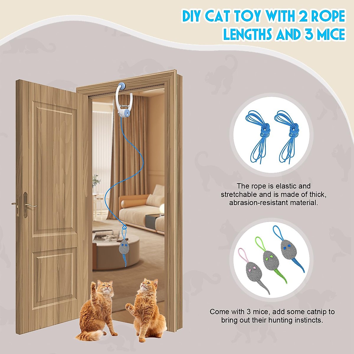 Kezlume Cat Toy Interactive for Indoor Cats, Smart USB Rechargeable Door Hanging Automatic Retractable Kitten Toys, Teaser Electronic Self Play Feather Cat String Toy Attached with 3 Catnip Mice White