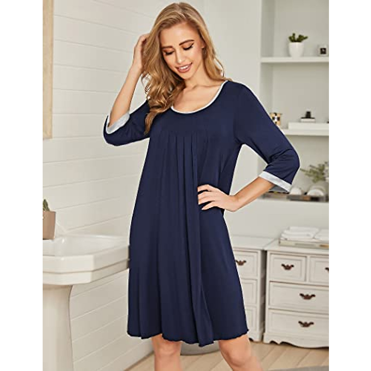 Ekouaer Sleepwear for Women Long Nightgowns for Women Sleepshirt Long Sleeve Nightgown Loose Fit Sleepshirt，Navy Blue L