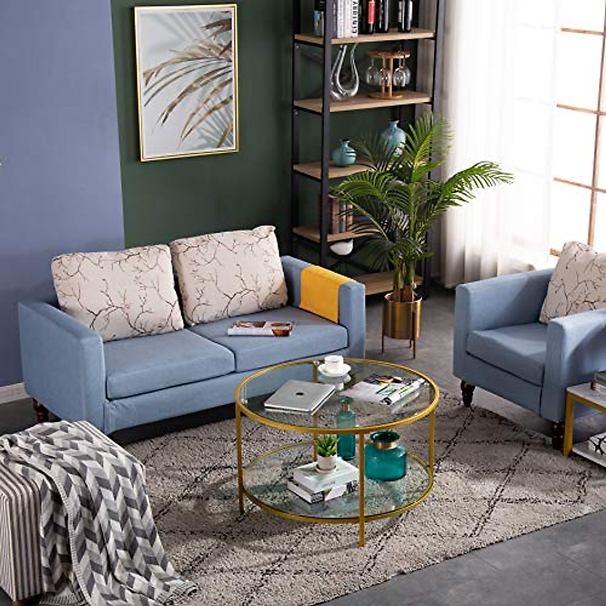 Bonnlo 31.5" Round Coffee Table with Open Storage Shelf,2-Tier Temperred Glass Round Accent Coffee Table with Metal Frame, Mustard Gold