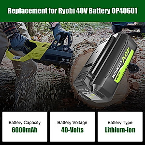 2 Packs 6.0Ah Li-ion OP40601 Battery and OP401 Charger Replacement for Ryobi 40V Battery and Charger kit Compatible with Ryobi 40 Volt Battery OP4026 OP40601 OP4050A OP4040 OP4030 OP4050(Green)