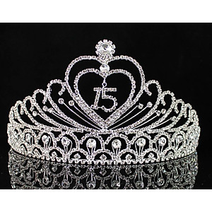 Janefashions Quinceanera Sweet 15 Fifteen 15th Birthday Party coronas de quinceañeras Clear White Austrian Rhinestone Tiara Crown with Hair Combs Princess Gold Silver T1756 (Silver With Combs)