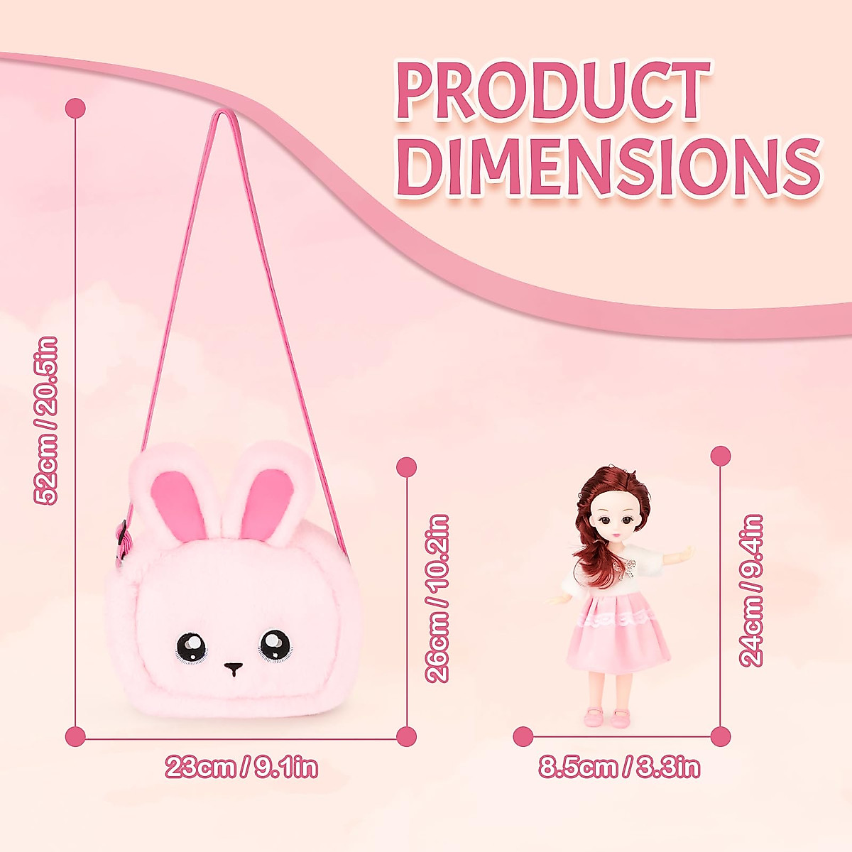 deAO Rabbit Bunny Plush Bag with 11.5" Fashion Doll, Cute Animal Backpack Cosmetic Purse Storage Bag, Doll with Fashion Plush Clothes Playset, Adjustable Strap Pink Fluffy Bunny Handbags for Girls