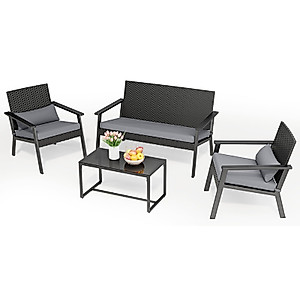 Ahomly Patio Furniture Set,4 Pieces Outdoor Patio Furniture with Deep Seating Cushion,Wicker Patio Conversation Set Balcony Furniture with Table for Backyard,Porch,Gray