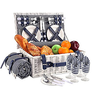 HYBDAMAI Willow Picnic Basket Set for 4 Persons with Waterproof Picnic Blanket, Wicker Picnic Basket for Camping, Outdoors, Valentine's Day, Christmas, Thanksgiving, Birthday