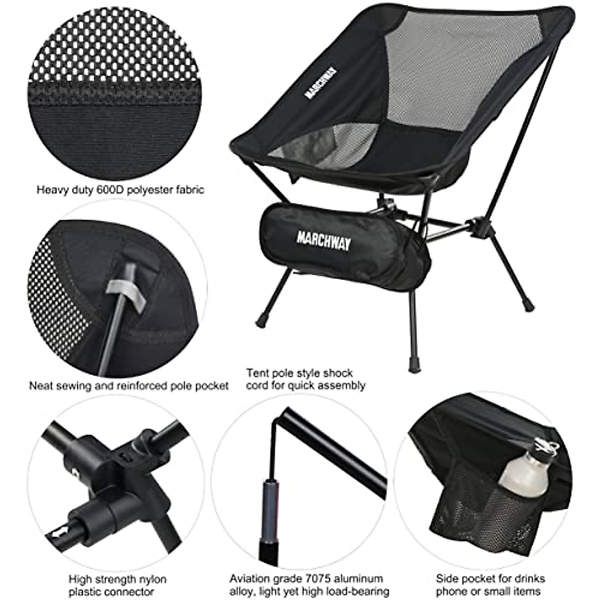 MARCHWAY Ultralight Folding Camping Chair, Heavy Duty Portable Compact for Outdoor Camp, Travel, Beach, Picnic, Festival, Hiking, Lightweight Backpacking (Black)