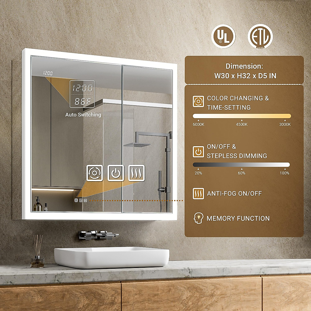 QueenFun 30x32 LED Medicine Cabinet with Mirror, Surface or Recessed Lighted Medicine Cabinet with Mirror, Dimmable Fogless Aluminum Medicine Cabinet with Outlet, Time Display& Built-in Sensing Light