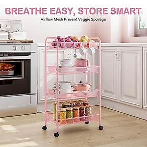 TOOLF 4-Tier Rolling Cart, Metal Utility Cart with 3 Hooks, Easy Assemble Mobile Storage Trolley On Wheels, Slide Out Shelving Units Kitchen Bathroom Laundry Room