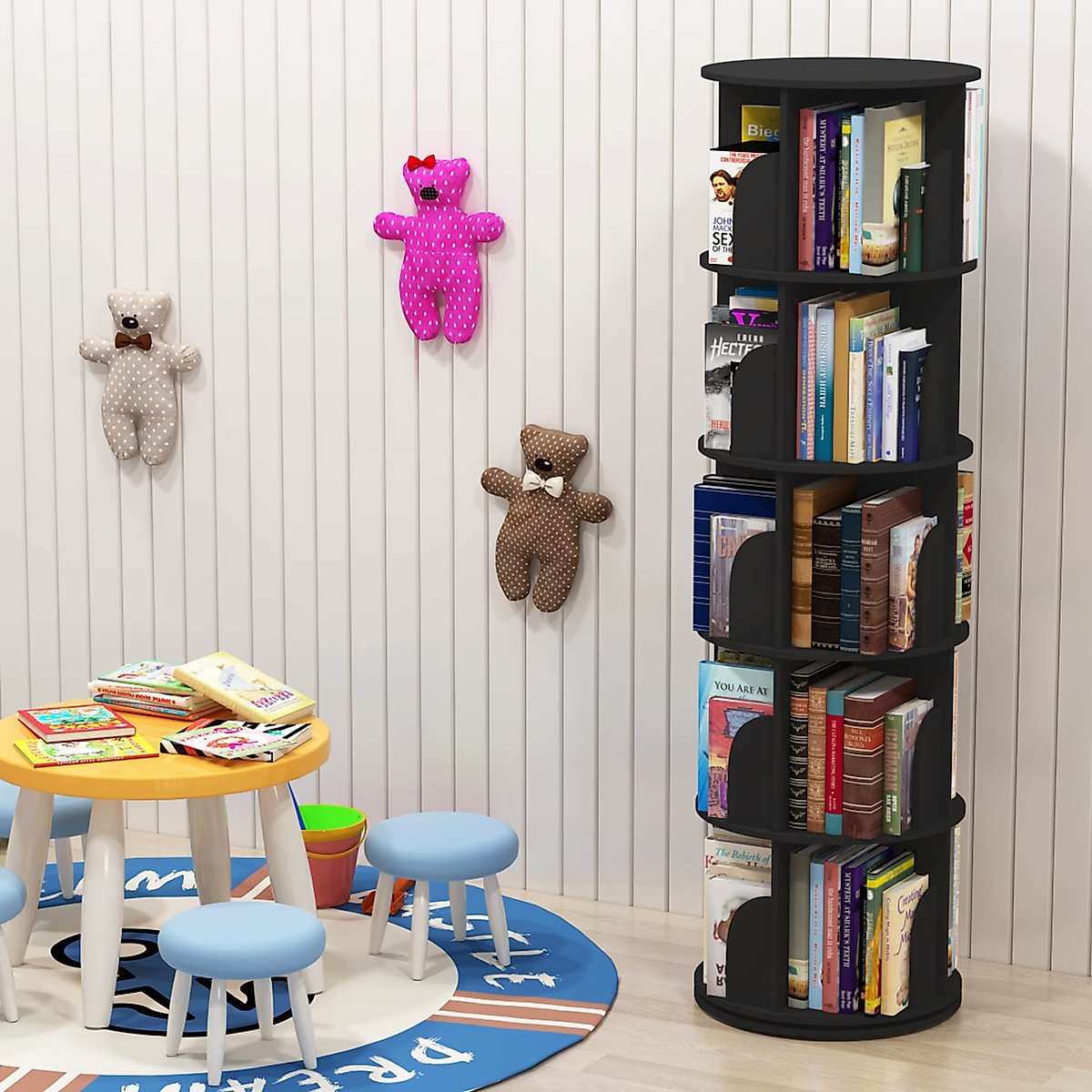 INTEXCA & DESIGN 5 Tier 360° Rotating Stackable Shelves Bookshelf Organizer (Black), White, RotatingBookshelf_5Tier_White