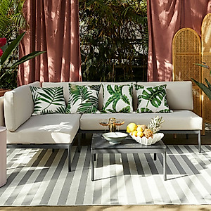 Bonhause Tropical Leaves Throw Pillow Covers 18 x 18 Inch Set of 4 Green Palm Leaf Decorative Pillow Cases Polyester Linen Outdoor Cushion Covers for Sofa Couch Garden Home Decor