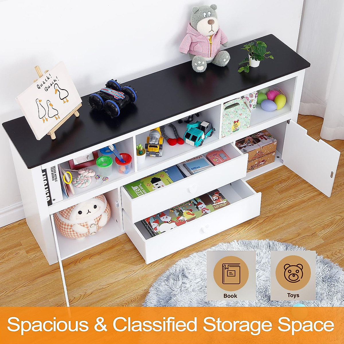 HobbyField Kids Toy Storage Organizer with with 2 Drawers,Toy Storage Organizer with Bookshelf，Movable Drawers & Blackboard Top for Boys Girls Toddler Classroom Bookcase for Bedroom,Playroom,Nursery