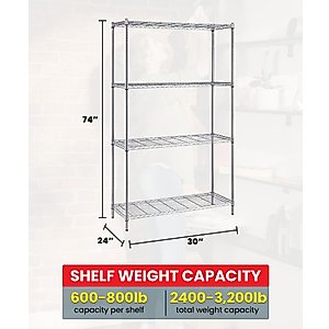 Quantum Storage Systems WR74-2430C Starter Kit for 74' High 4-Tier Wire Shelving Unit, Chrome Finish, 24' Width x 30' Length x 74' Height