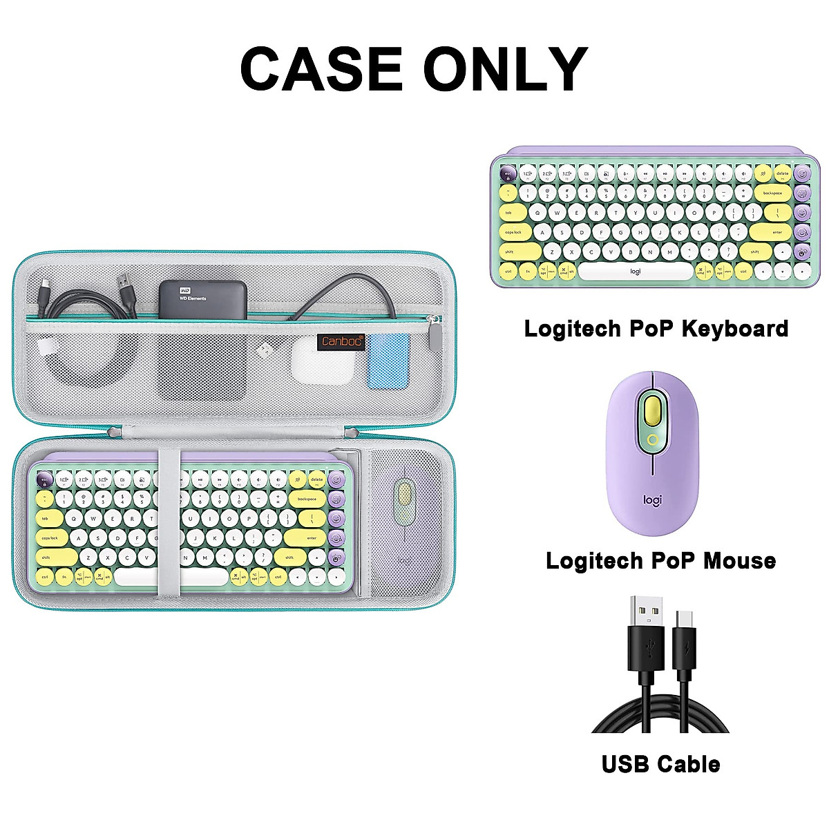 Canboc Hard Carrying Case for Logitech POP Keys Mechanical Wireless Keyboard and POP Wireless Mouse, Mesh Pocket fits Cables, USB Receiver, Spare Keycaps and More Accessories, Mint Green