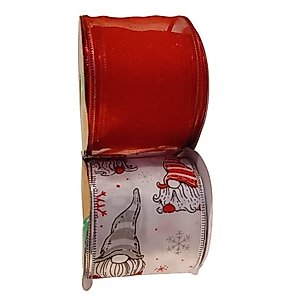 Set of 2 Spools of Wired Edge Festive Holiday Christmas Ribbon with Adorable Gnomes & Beautiful Sparkling Red