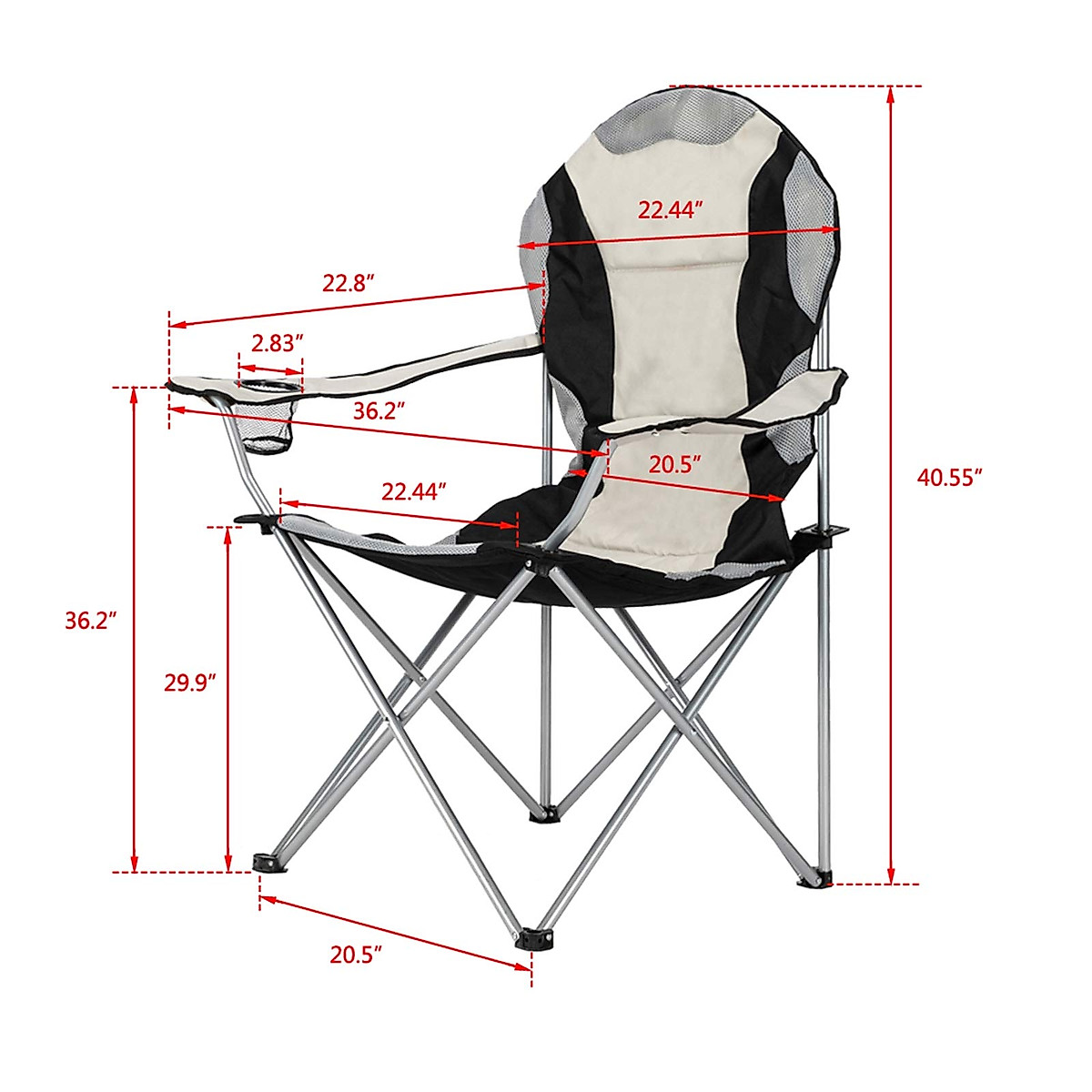 Vasitelan Outdoor Camping Chair with Back Support, Padded Lawn Chairs Folding Arm Chair with Bag, Cup Holder