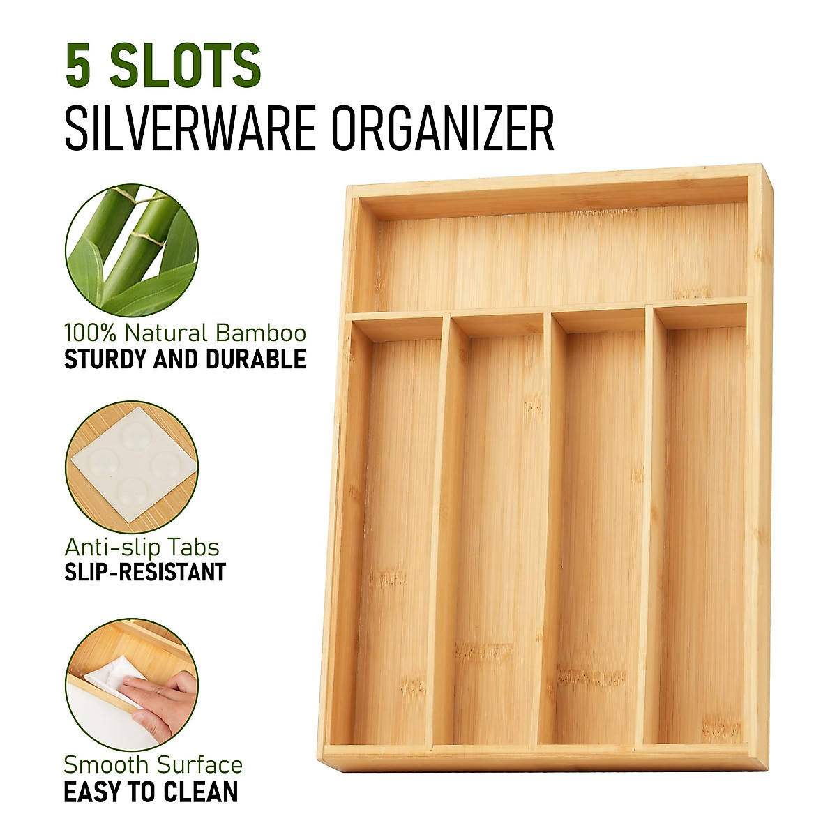 LotFancy Silverware Organizer, Bamboo Drawer Organizer for Kitchen Utensils, Flatware Holder, Silverware Tray for Cutlery Fork Spoon Storage