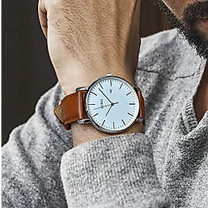 BUREI Men's Fashion Wrist Watch Minimalist Simple Watches for Men Ultra Thin Watch Analog Quartz Watches Leather Strap Watches with Date (Silver Brown)